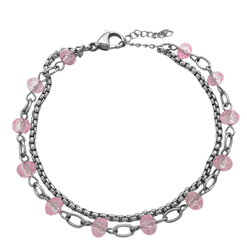 TRASLUCIDO ROSA CUENTAS DOBLE CADENA FORCE Y ROLO CUADRADA 19+3 CM PULSERA